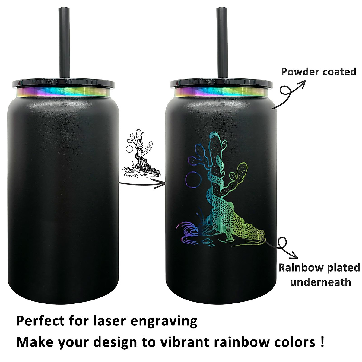 Glass Cups with Lids and Straws, 16 oz Stainless Steel Cups, Insulated Skinny Tumbler, Powder Coated Travel Mugs for Laser Engrave, Iced Coffee Cup for Smoothie Water DIY Gift (Black,1 pack)