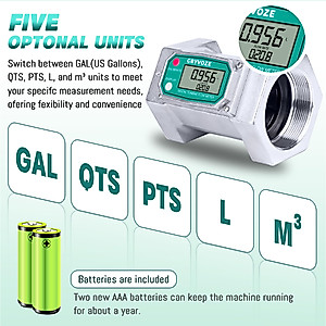 GRYVOZE 2.5 Inch Digital Flow Meter, 21-264 GPM Inline NPT Thread Fuel Turbine Flowmeter with LCD Display for Water, Diesel, Gas Oil, Gasoline, and Other Liquids (5 Units: Gallon, QTS, PTS, L, m³)