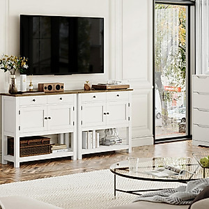 HOSTACK Farmhouse Console Table with 2-Door Cabinet & 2 Drawers, Coffee Bar, Entryway Table with Storage Shelf, Sofa Tables Buffet Sideboard for Kitchen, Hallway, Dining, Living Room, White