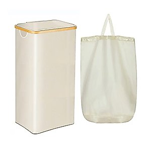 Large Laundry Basket with Lid, Beige 100 L Laundry Hamper with Bamboo Handles, Portable Clothes Hamper for Bathroom, Bedroom, Toy Room, Freestanding Collapsible Laundry Baskets