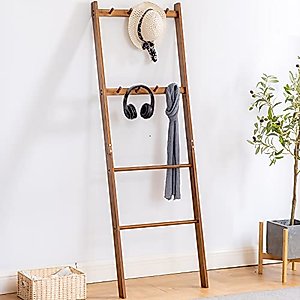 Blanket Ladder for Living Room, Farmhouse Wall Leaning Bamboo Wooden Towel Racks for Bathroom,Towel Ladder Shelf,Decorative Quilt Display Rack Blanket Holder with 8 Hooks (Large,5 ft,Dark Brown)