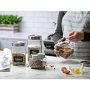 4pc Square Glass Cookie Jars with Airtight Lids + Marker & Labels, Canister Sets for Kitchen Counter or Bathroom - Food Storage Containers with Lids for Pantry - Flour, Sugar, Coffee, Cookies, etc.