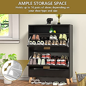 Gyfimoie Shoe Storage Cabinets, Free Standing Shoe Organizer with 2 Flip Drawers for Entryway, Narrow 3 Tier Entryway Hidden Shoe Rack with Doors (Black)