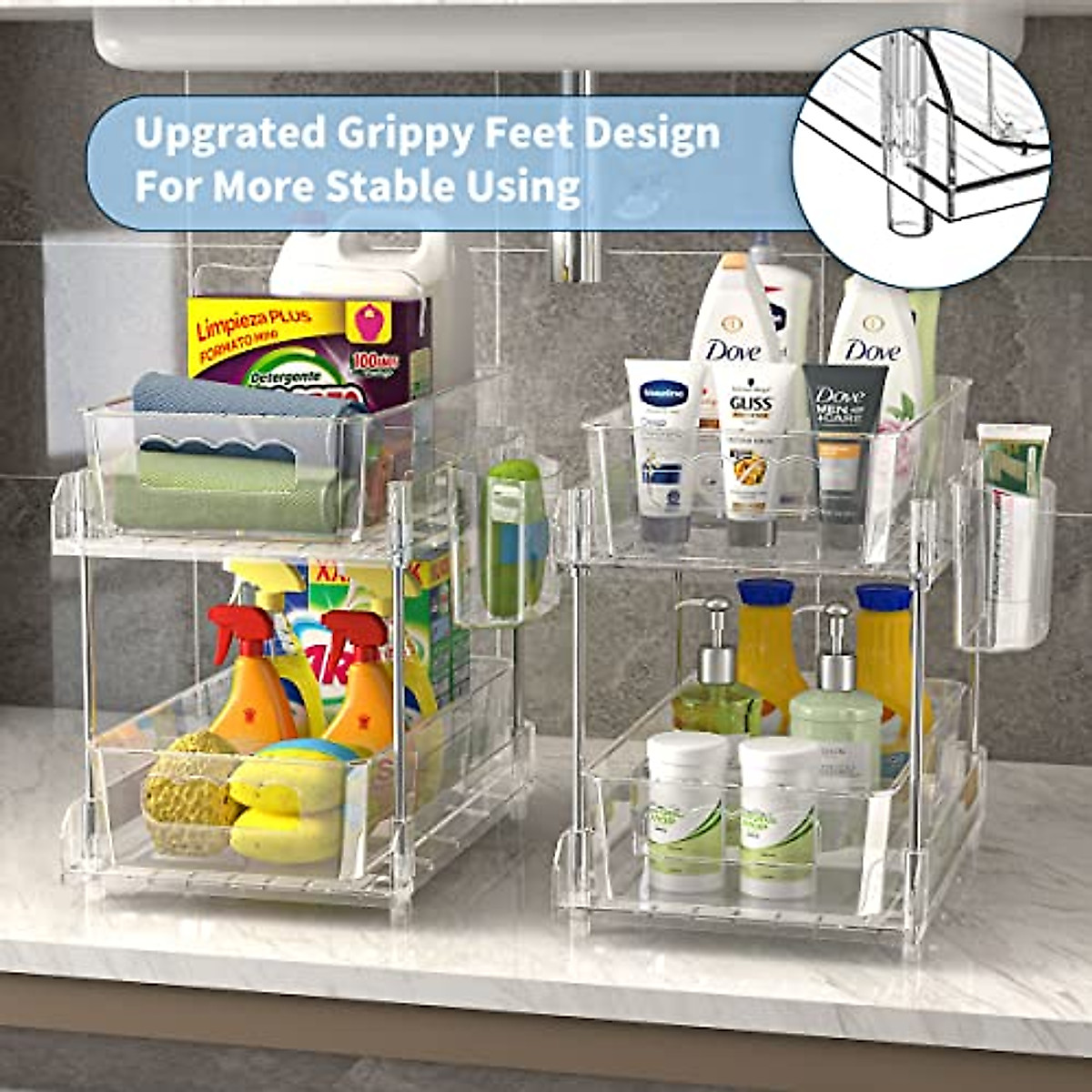 DOMNIU 2 Tier Clear Organizer with Dividers, Pantry Organization and Storage Multi Purpose Slide-Out Bathroom Organizer, Kitchen Pantry Medicine Cabniet Bins, Under Sink Organizer with Hanging Cup