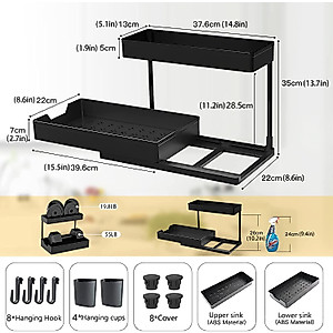 UWBGRT 2-Tier Under Sink Organizers and Storage 𝟐 Pack Sliding L-Shape Bathroom Kitchen Cabinet Organizers with Hooks,Hanging Cups, Narrow Space Storage Multi-Purpose Sink Organizer