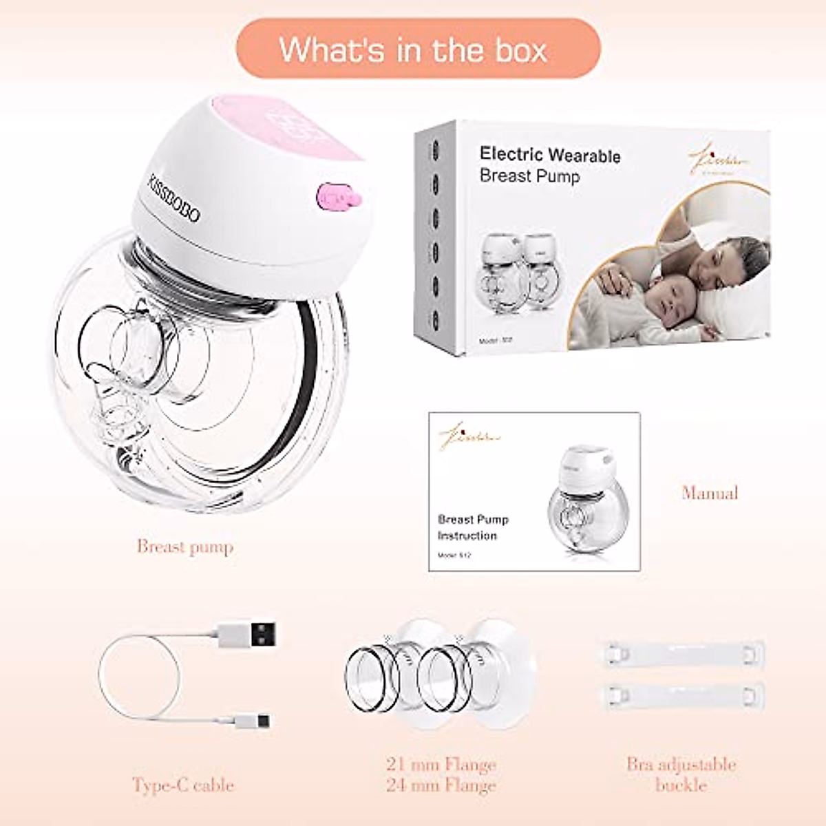 Wearable Breast Pump,Ultra Light Portable Double Hands Free Breast Pump, 2 Modes & 9 Levels, Low Noise Rechargeable Wireless Electric Breast Pump with 21mm/24mm Flanges S12