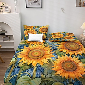 Sunflower Sheets Full Size, Yellow Floral Plant Bed Sheets, Patterned Bedding Sheets & Pillowcases 4 Piece Set - Soft Microfiber Deep Pocket Fitted Sheet & Flat Sheet & 2 Pillow Cases K0-&-320