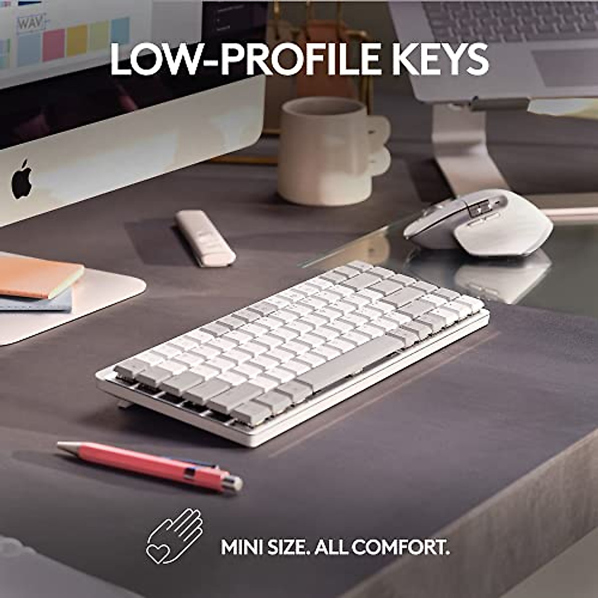 Logitech MX Mechanical Mini for Mac Wireless Illuminated Keyboard, Low-Profile Performance Switches, Tactile Quiet Keys, Backlit, Bluetooth, USB-C, Apple, iPad - Pale Grey