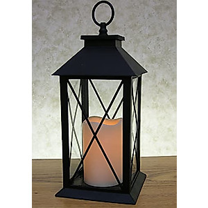 Decorative Black Lantern with Cross bar Design - LED Flickering Flameless Pillar Candle with 5 Hour Timer Included - Indoor/Outdoor Lantern - 13" - Pack of 6