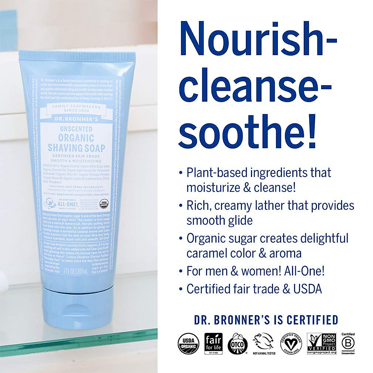 Dr. Bronner's - Organic Shaving Soap (7 oz Variety Pack) Lavender, Baby Unscented, & Peppermint - Certified Organic, Sugar & Shikakai Powder, Moisturizes, Use on Face, Underarms, & Legs | 3 Count