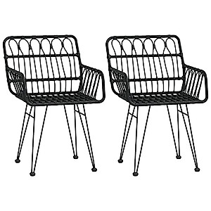 vidaXL 2X Patio Chairs with Armrest Garden Outdoor Lawn Terrace Balcony Backyard Dining Dinner Dinette Chair Seat Seating Furniture Black PE Rattan