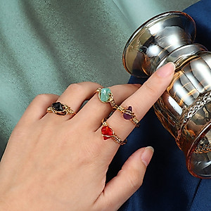 RnBLM JEWELRY 6 PCS Healing Crystal Ring for Women Irregular Crystal Gold Wire Wrapped Ring Gemstone Carnelian Rose Quartz Amethyst Evil Eye Tiger Eyes Adjustable Crystal Ring Set