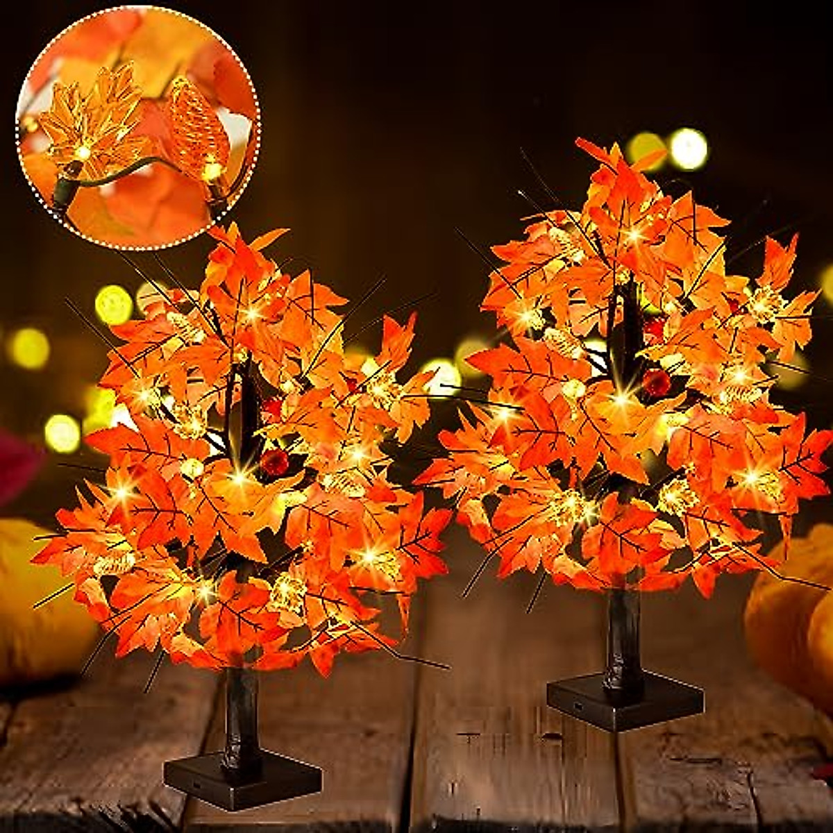 [ 2 Pack & Timer ] 24 Inch Lighted Maple Tree Fall Decorations with 48 LEDs Timer Battery Operated Artificial Autumn Tabletop Tree for Thanksgiving Harvest Indoor Home Decor