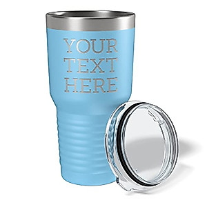 Personalized 30oz (17 Colors) Powder Coated Insulated Stainless Steel Tumbler with Lid, Custom Etched, Customized Text Message Name, Engraved Gift Idea Women Men Him Her, Your Text Here (Light Blue)