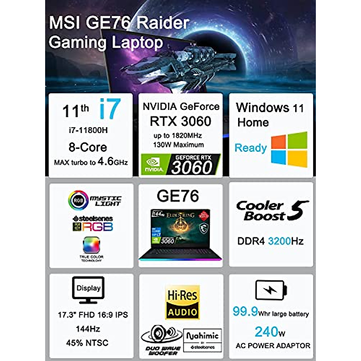 MSI GE76 Raider 17.3" 144Hz (64GB RAM, 2TB PCIe SSD, Intel 8-Core i7-11800H (Beat Ryzen 7 5800H), RTX 3060 6GB) FHD Thin Bezel Gaming Laptop, Thunderbolt 4, Webcam, RGB Backlit, Windows 11 Home