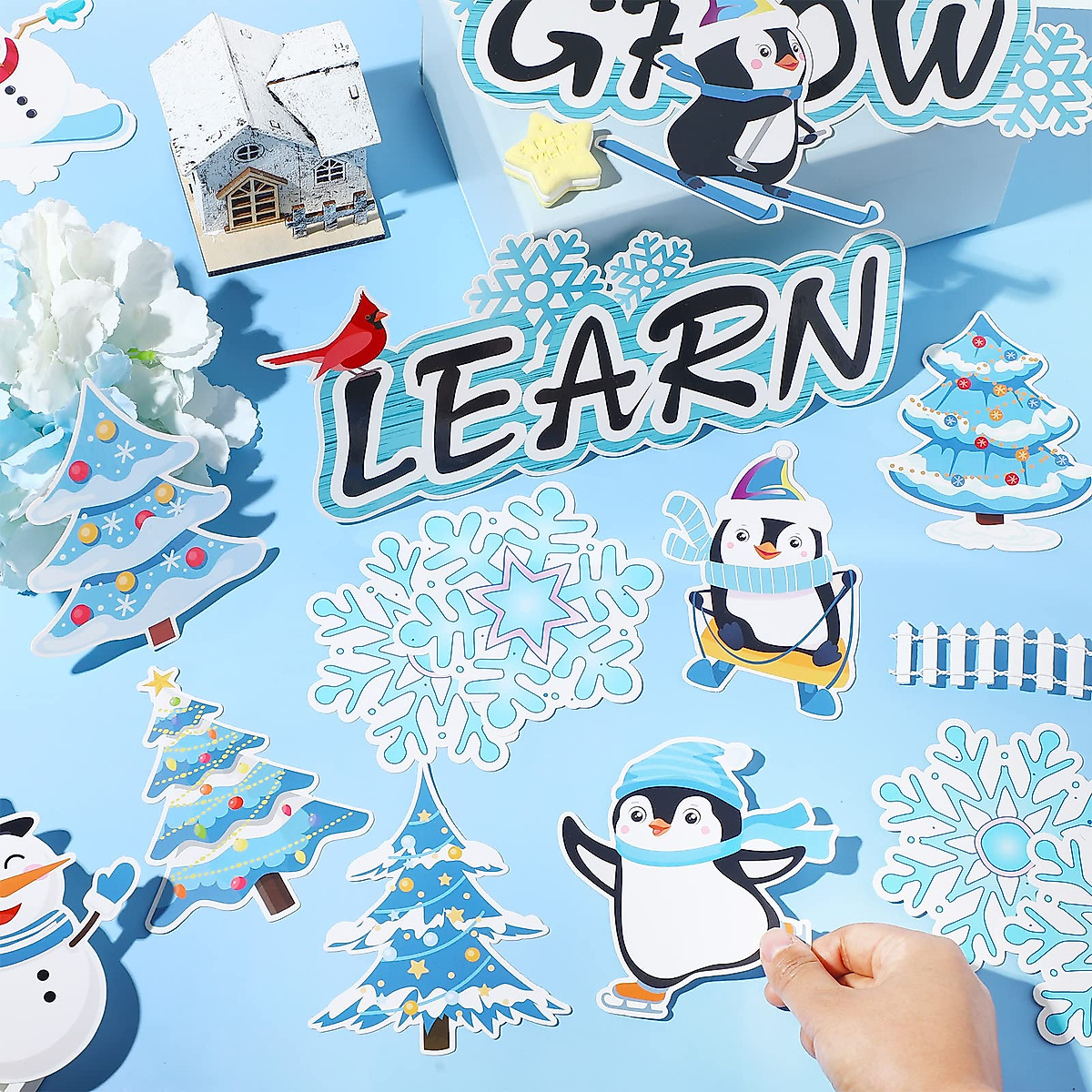 58 Pcs Winter Cutouts Classroom Bulletin Board Decoration Snowflake Snowman Penguin Christmas Tree Cut Outs When We Learn We Grow Positive Paper Cut Outs for Kids Classroom School Office Home Nursery
