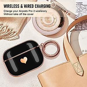 Maxjoy Airpods Pro 2 Case Cover,Cute Electroplating with Gold Heart Pattern with Lanyard Shockproof Cover for Girls Woman Airpods Pro 2 Generation Case-Black