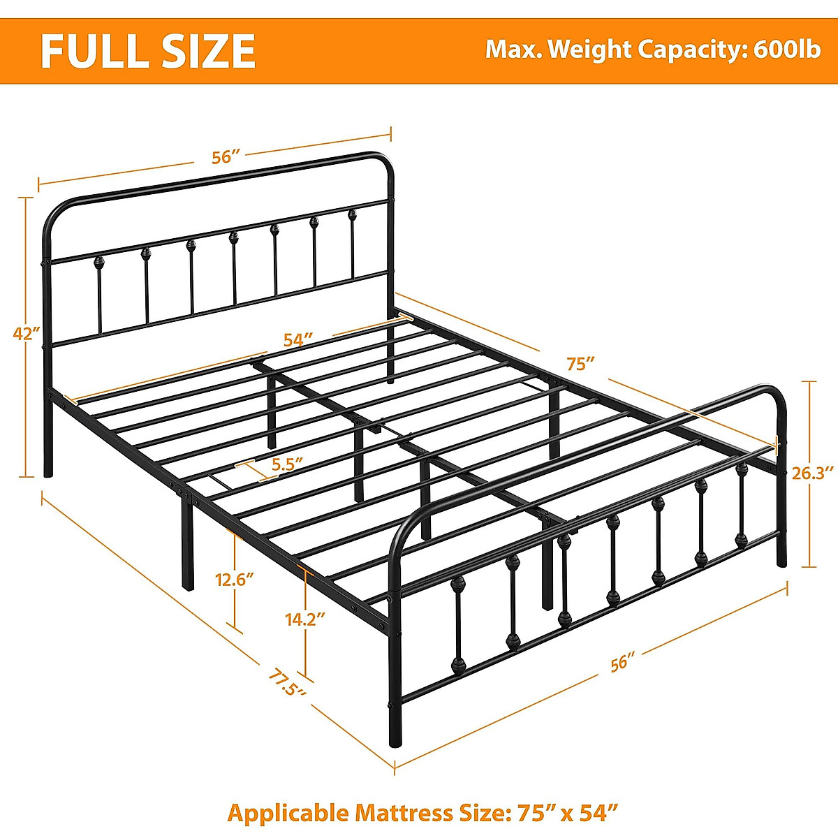 Topeakmart Full Size Victorian Style Metal Bed Frame with Headboard/Mattress Foundation/No Box Spring Needed/Under Bed Storage/Strong Slat Support Black
