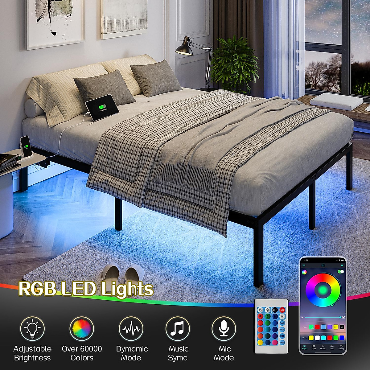 OLEVS Queen Size Bed Frame with USB and Typc C Charging Station, LED Lights, Metal Platform Frame with Heavy Duty Steel Slats, 14" Storage Space, No Noise