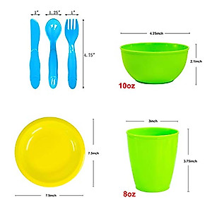 Youngever 54 pcs Plastic Kids Dinnerware Set of 9 in 9 Assorted Colors, Toddler Dining Set, Cups, Kids Plates, Kids Bowls, Flatware Set, Kids Dishes Set