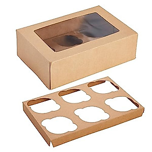 Juvale 24 Pack Cupcake Containers with Windows, 6 x 6 Boxes with 4 Count Inserts for Muffins (Kraft Paper)
