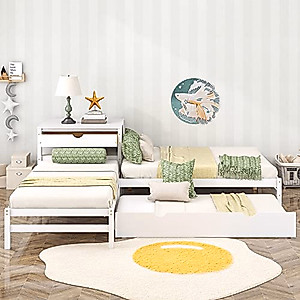 L-Shaped 2 Beds Twin Size & Full Size with Trundle Wood Platform Beds for 3 People Corner Bed Frames with Table for Kids Teens Adults, White