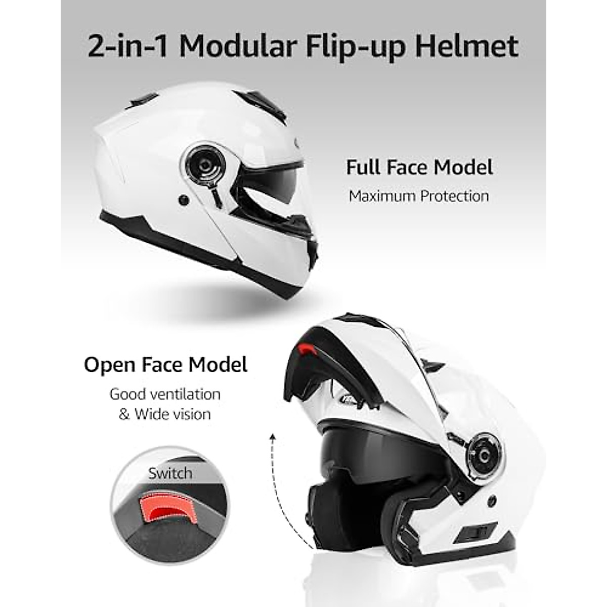 YEMA Modular Motorcycle Helmets, DOT Approved Full Face Motorcycle Helmet with Flip Up Dual Visor, Helmets for Adults Motorcycle Men Women Helmets for Street Scooter ATV E-bike - YM-926 White