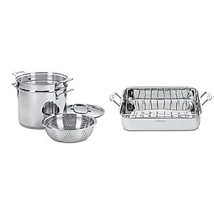 Cuisinart 77-412P1 Piece 12-Quart Chef's-Classic-Stainless-Cookware-Collection, Pasta/Steamer Set (4-Pc.) & 7117-16UR Chef's Classic 16-Inch Rectangular Roaster with Rack, Stainless Steel