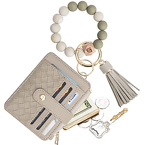 COOLANS Wristlet Bracelet Keychain Pocket Credit Card Holder Purse Tassel Keychain Bangle Key Ring for Women (Silicone Bead Bracelet+Card Purse (Grey))