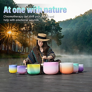 440HZ 6"-12" Set of 7 PCS Frosted Quartz Color Crystal Singing Bowl Set Sound Healing Instrument with Singing Bowl Mallet Suede Strikers Heavy Duty Carrying Cases