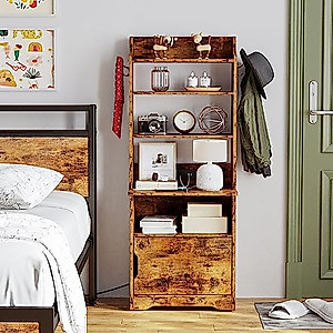 LIKIMIO Nightstand with Charging Station, 55" Tall End Side Table with Storage Cabinet, Small Bookshelf, for Living Room Office Bedroom, Vintage Brown