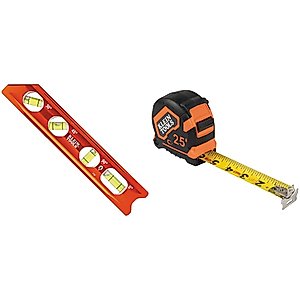 Klein Tools 935RB Level, 8-Inch Torpedo Level & 9225 Tape Measure, Heavy-Duty Measuring Tape with 25-Foot Double-Hook Double-Sided Nylon Reinforced Blade, with Metal Belt Clip