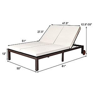 HPW 2 Person PE Rattan Outdoor Chaise Lounge Lounger Recliner Chair Sunbathing Bed Soft Non-Woven Thick Sponge Cushion 2 Separate 5 Adjustable Backrest Position Brown & Cream White 81x50x12.5~35 (in)
