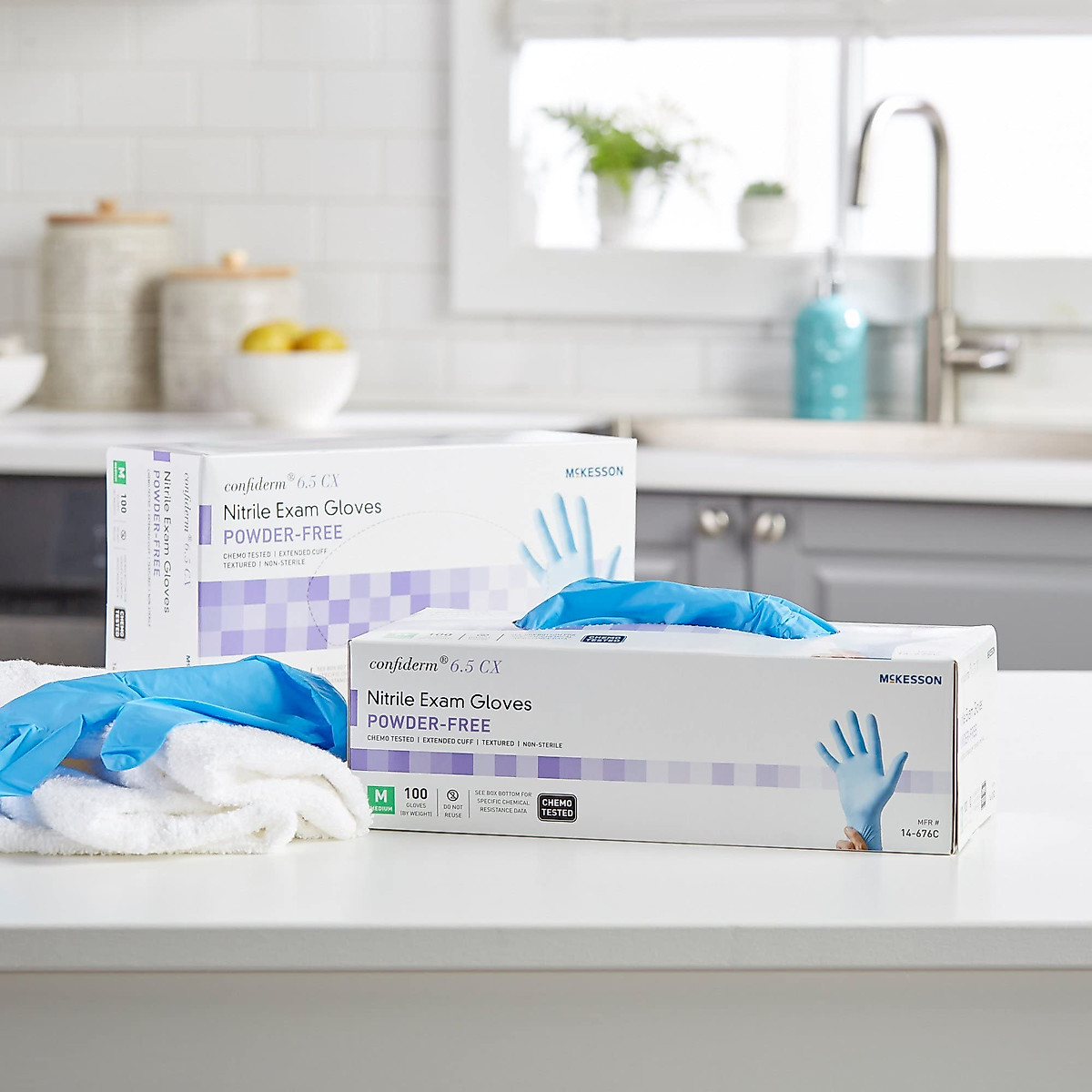 McKesson Confiderm 6.5CX Nitrile Exam Gloves - Powder-Free, Latex-Free, Ambidextrous, Texture, Chemo Tested, Light Blue, Extended Cuff, Size Medium, 100 Count, 10 Boxes, 1000 Total