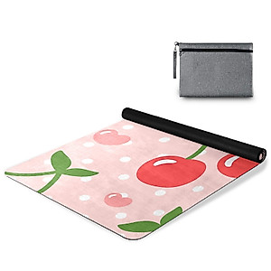 OTVEE Cherry Cute Heart Yoga Mat for Women Non Slip Ultra Thin 1 MM Travel Yoga Mat with Carrying Bag Suede Fitness Exercise Mat for Yoga Pilates Workout Routines Camping