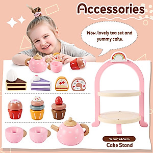 HYAKIDS Wooden Cake Play Food Set Toy, Tea Party Set for Toddler, with Cake Stand, Pretend Play Kitchen Toys for Kids