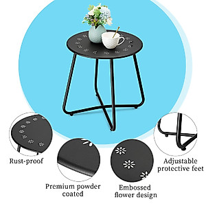 danpinera Outdoor Side Tables with Flower Cut Outs, Weather Resistant Steel Patio Side Table, Small Round Outdoor End Table Metal Side Table for Patio Yard Balcony Garden Black