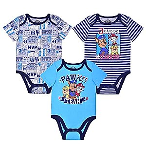 Paw Patrol Nickelodeon Boys’ Chase, Marshall and Rubble 3 Pack Bodysuits for Newborn and Infant – Blue/Grey