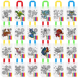 Pasimy 24 Pieces Mandala Animals Coloring Goodies Bags with 144 Makers Recycle Bag Coloring Gifts Bags Color Your Own Totes for Kids DIY Painting Art Crafts Birthday Party Favors