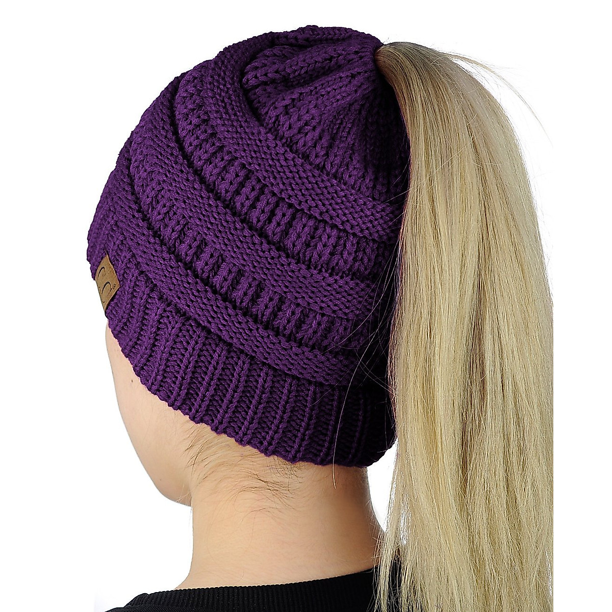 C.C BeanieTail Soft Stretch Cable Knit Messy High Bun Ponytail Beanie Hat, Purple