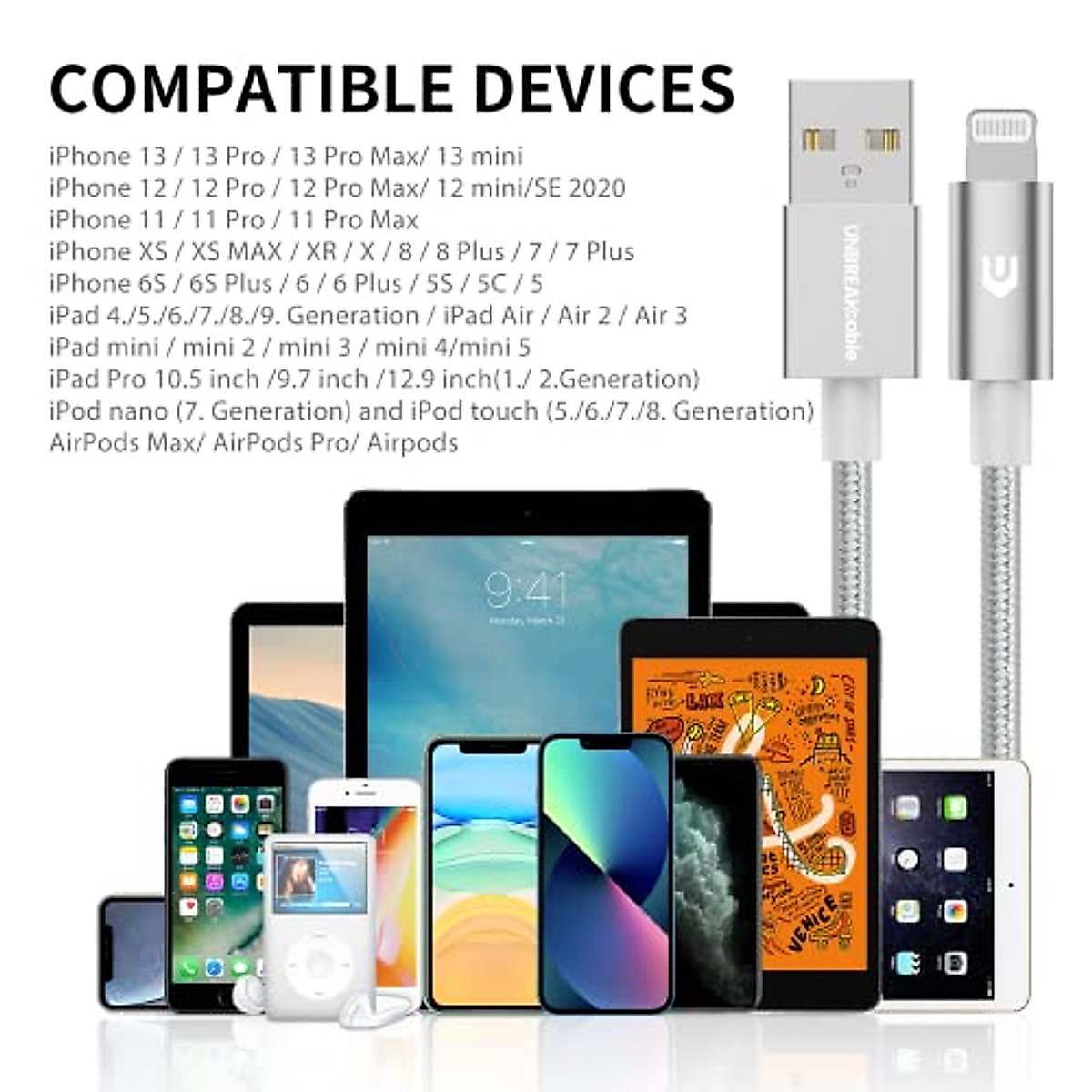 UNBREAKcable iPhone Charger Cable 2M [Apple MFi Certified C89] Fast Nylon Braided Lightning Cable for iPhone 13/13 pro/13 mini/12/12 Pro/Se 2020/11/11 Pro/XR/XS/X/8 iPad Pro - Silver