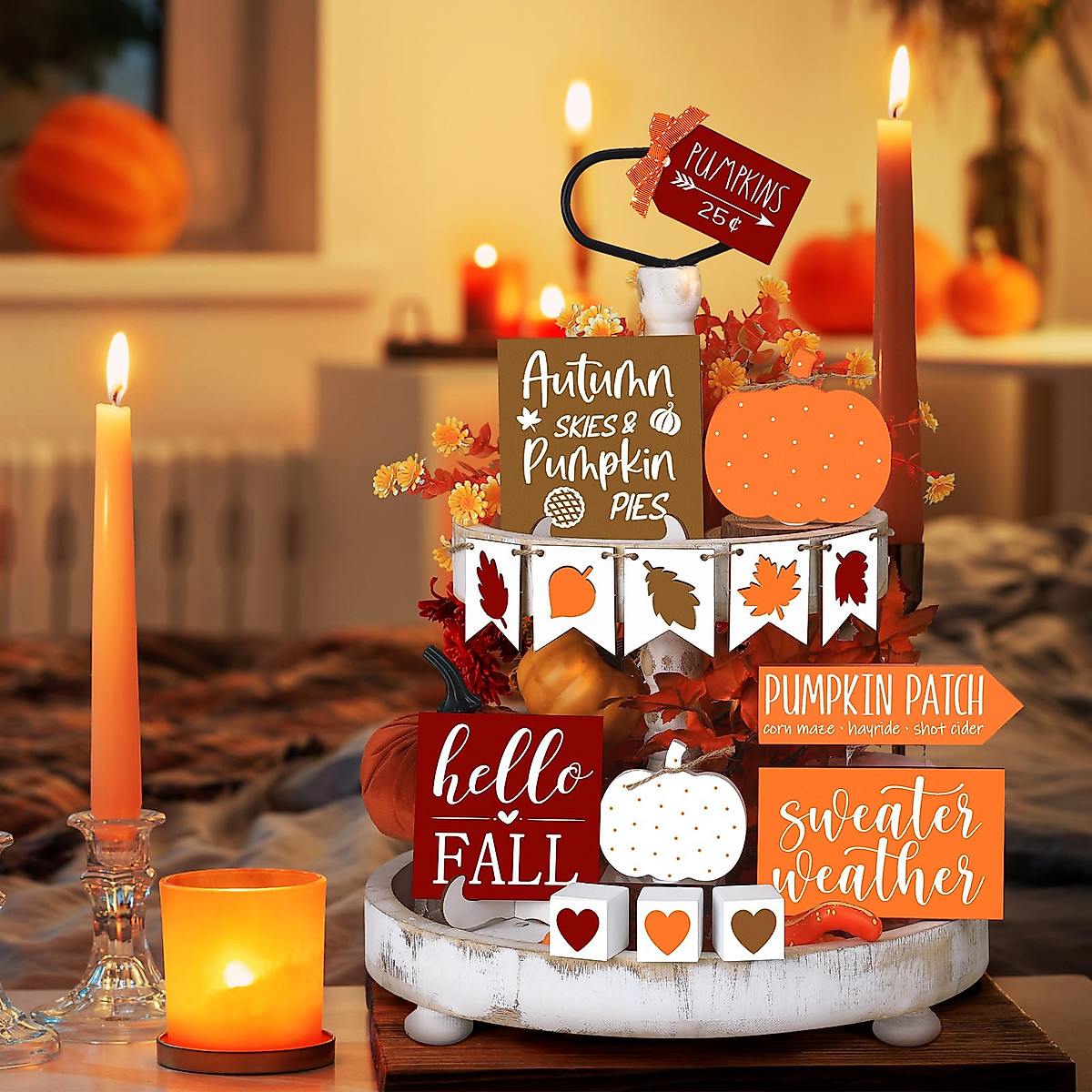 Sumind 15 Pcs Fall Tiered Tray Decor Set Hello Fall Decor Autumn Wood Signs Thanksgiving Orange Brown Table Signs Farmhouse Wooden Maple Pumpkin Gnomes Tabletop for Festival Home Decor(Autumn)