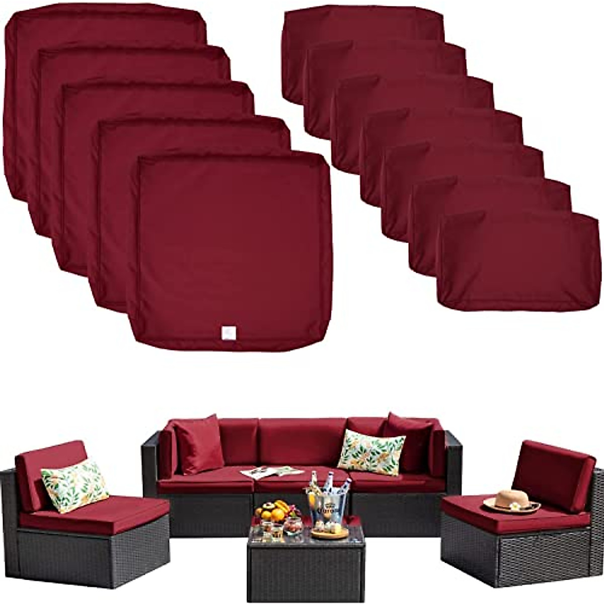 12 Pack Outdoor Patio Cushions Pillows Replacement Covers Fit for 6 Pieces 5-Seater Wicker Rattan Furniture Conversation Set Sectional Sofa Chair,Water-Resistant Fadeless,Burgundy-Covers Only