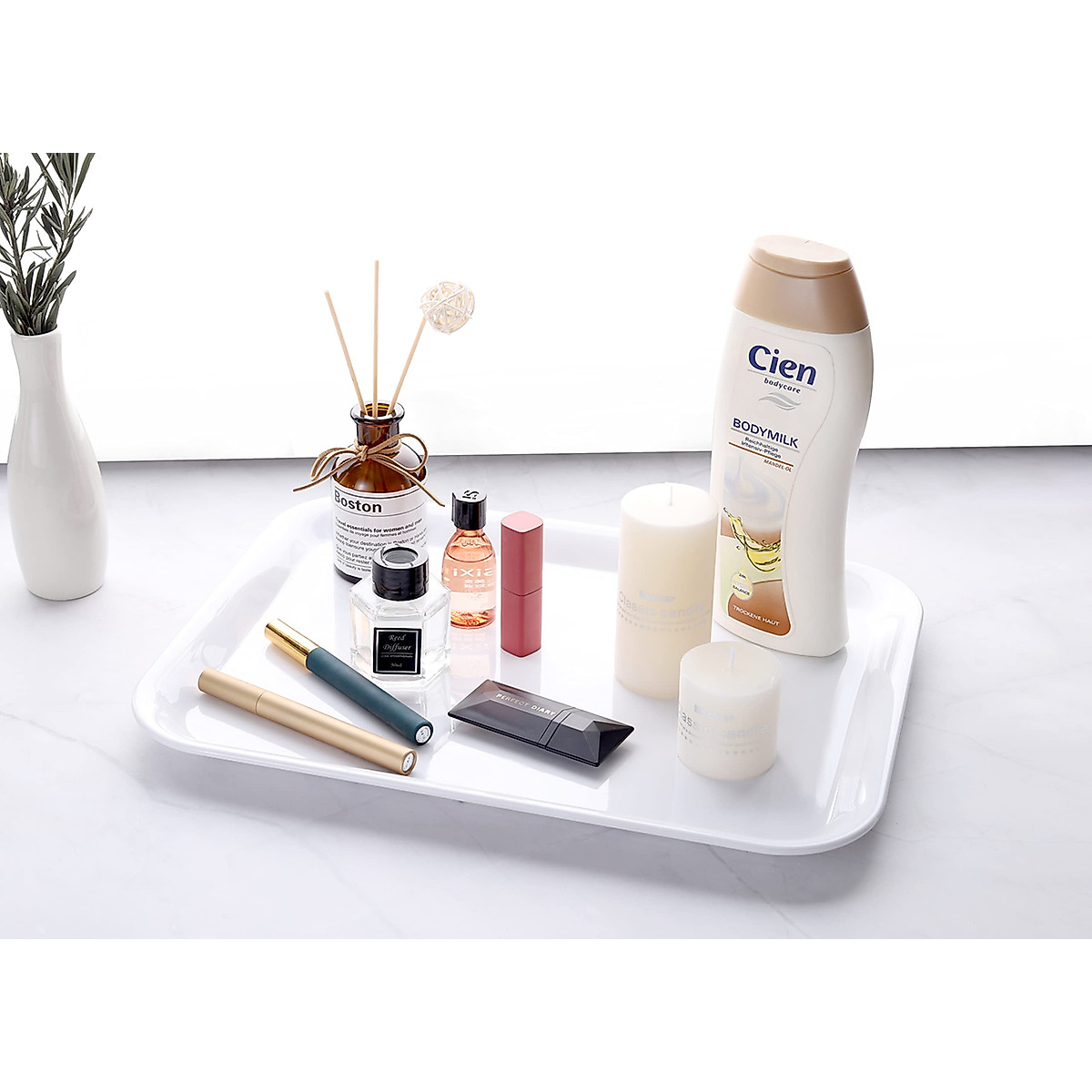 FlosSolis 15.1"x11.3" White Serving Tray Set of 2, Melamine Rectangular Serving Tray/Platters Stackable Sturdy and Easy Clean for Serving Food,Fruit,Desserts,Breakfast,Meals,BPA Free