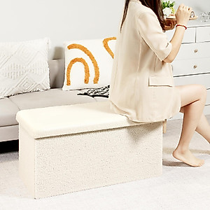 PINPLUS Folding Storage Ottoman Bench, White Upholstered Sherpa Ottoman Storage Bench, Large Storage Chest Footrest with Lids, Entryway Bench for Living Room, 31.5'' x 15.7'' x 15.7''