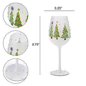 Winter Birthday Themed Stemmed Wine & Water Glasses - Set of 2 - Shining Holiday Red Green Yellow Silver, Holidays Parties Glassware - Xmas Tree - Set of 2, 17.5oz - New years Eve Festive Glass