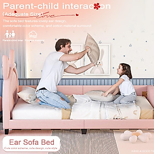 Cute Twin Size Upholstered Daybed, PU Leather Platform Bed with Carton Ears Shaped Headboard, Wooden Slat Supports Bed Frame for Kids, Girls, Boys, Child's Room, No Box Spring Needed (Pink)