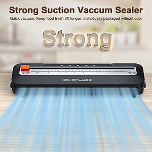 Vacuum Sealer, Automatic Food Sealer Machine, Dry/Moist Sealer, Built-in Cutter, with 15 Sealing Bags & Air Suction Hose & Extra Gasket, for Bags, Jars and Containers Food Fresh and Storage, Black