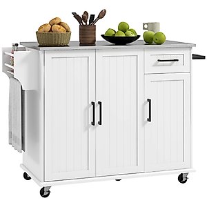 HOMCOM Kitchen Island with Storage, Rolling Kitchen Island on Wheels with Drawer, 3 Cabinets, Stainless Steel Countertop, Spice Rack and Towel Rack, White