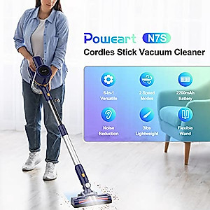 POWEART Cordless Vacuum Cleaner, 6 in 1 Multifunction Cordless Stick Vacuum, 2200mAh Vacuum Cleaner Rechargeable, Lightweight Vacuum Cleaner Hardwood Floor Pet Hair Home